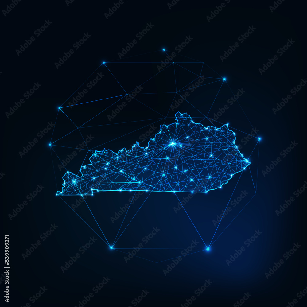 Kentucky state USA map glowing silhouette outline made of stars lines ...