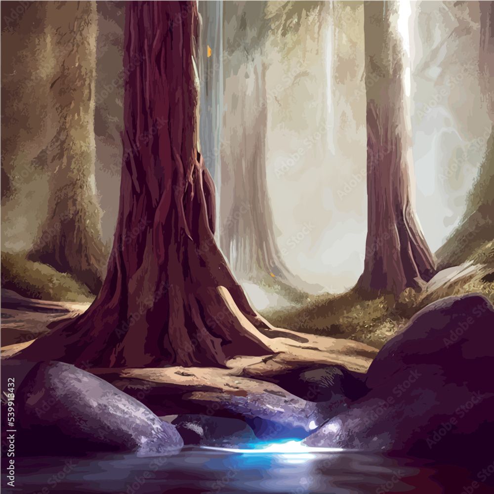 Dark forest cartoon illustration, vector, Moonlight illuminates the ...