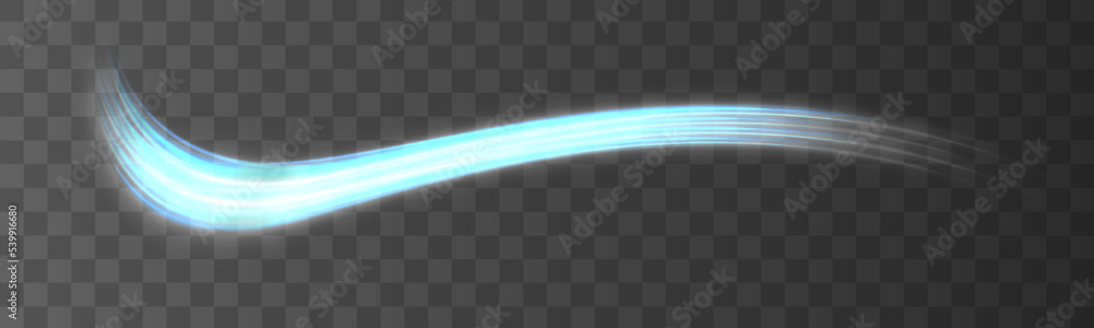 Blue shiny spiral wave. Curved motion line twirl. Glittering wavy trail ...