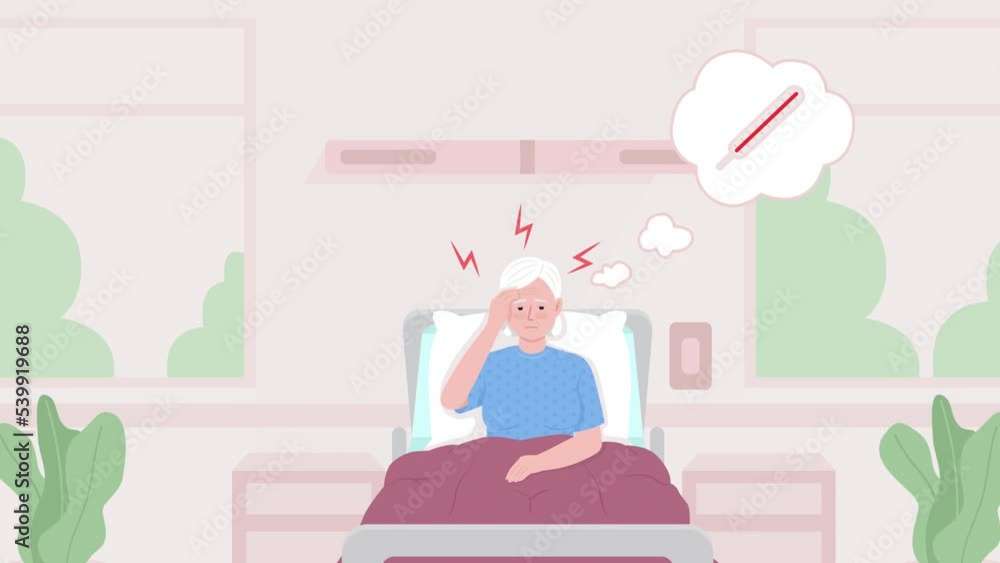 Animated senior fever illustration. High temperature in elderly patient ...
