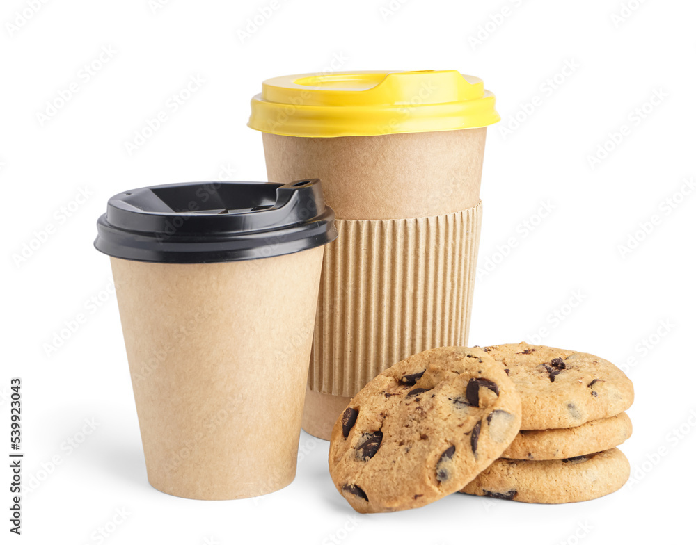 Paper cups and tasty cookies on white background Stock Photo | Adobe Stock