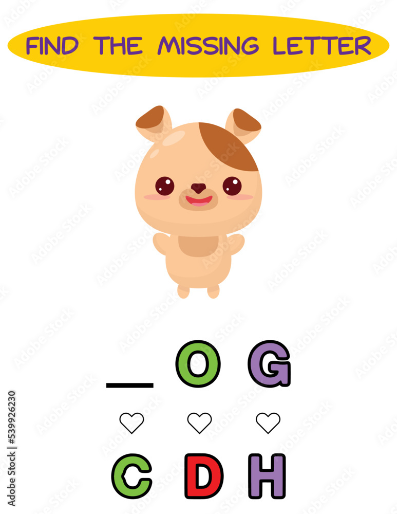 Find missing letter. kawaii dog. Educational spelling game for kids ...