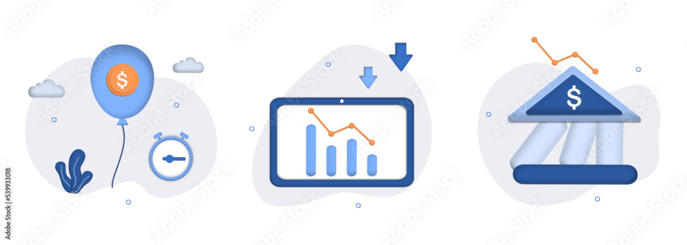 Financial crisis illustration set. Suffering from inflation, financial ...
