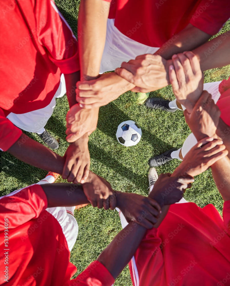 Support, football and hands of team for sports on grass field for ...