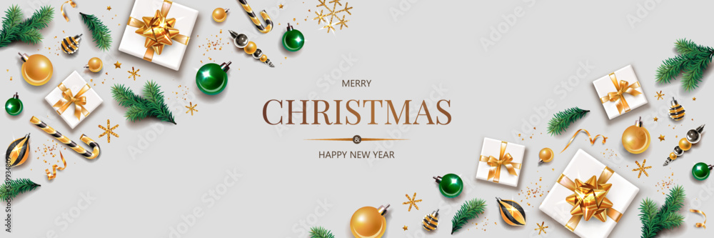 Horizontal banner with gold Christmas symbols and text. Christmas tree ...