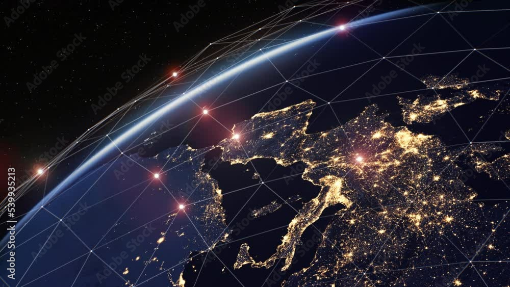 Digital Grid Over the Earth at Night. Beautiful Night Cities View from ...