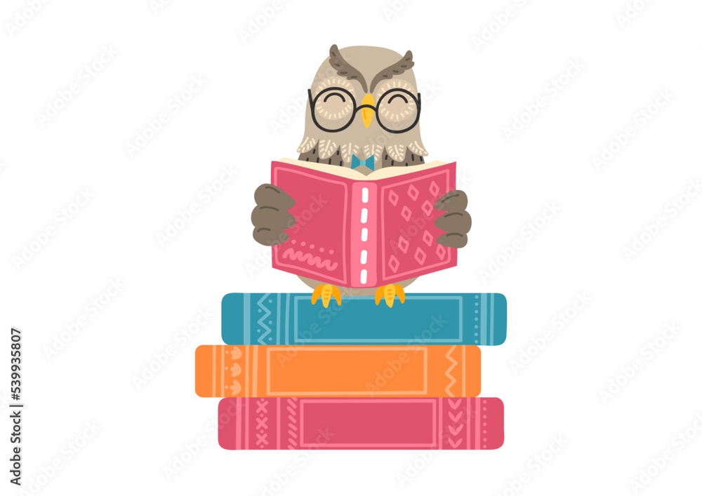 Owl reads book sitting on stack of books. Children illustration ...
