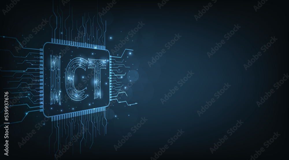 Circuitry diagram runs thru the ICT letters on dark blue background ...