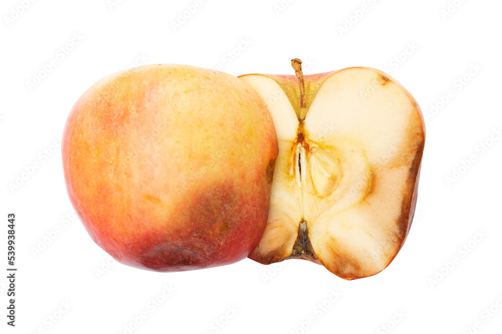 Two parts of a spoiled apple on a white background. The pulp of a ...