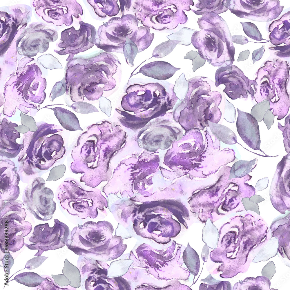 Watercolor floral seamless pattern with purple roses, leaves. Hand ...