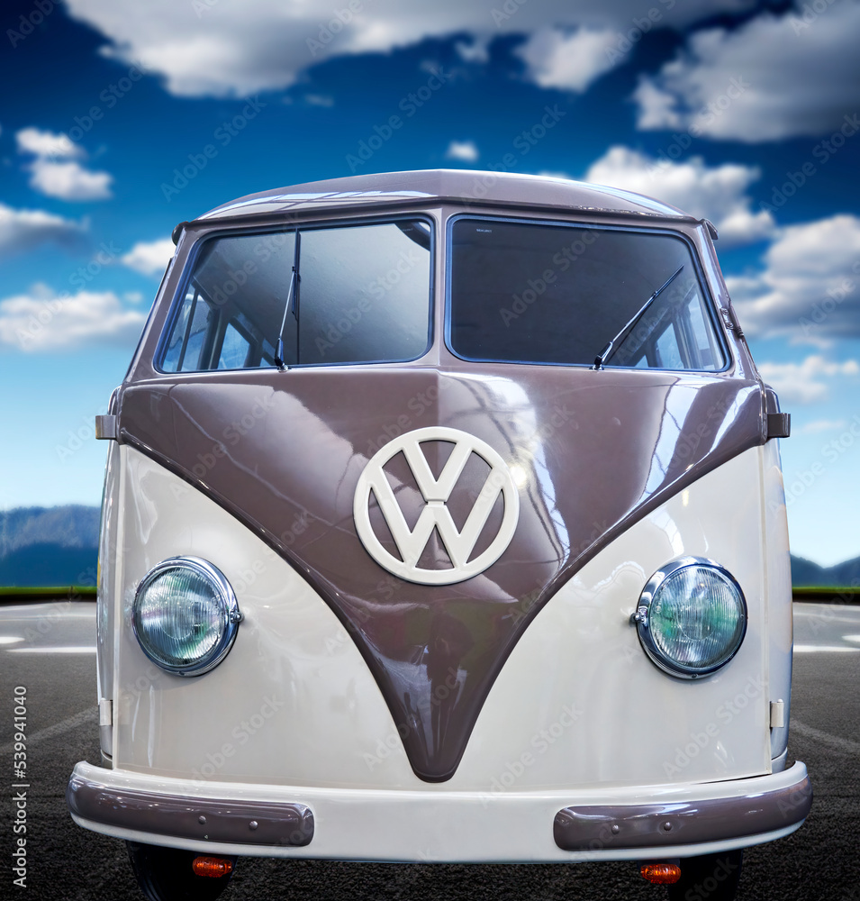 VW T1 Transporter, classic commercial vehicle of the German car manufacturer, front view of VW ...