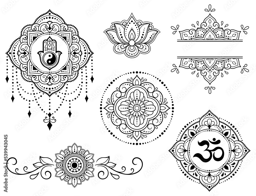 Set of Eastern ethnic religious symbols. Mandala with OM mantra, Yin ...
