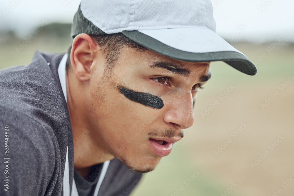 Man, tired face and baseball player thinking of game or match strategy ...