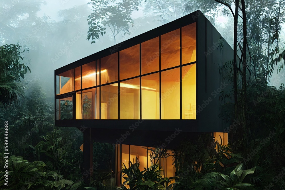 Modern design house in the rainforest jungle Stock Illustration | Adobe ...