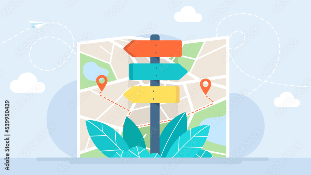 Direction sign post with arrow set on the background of the map. Choice ...