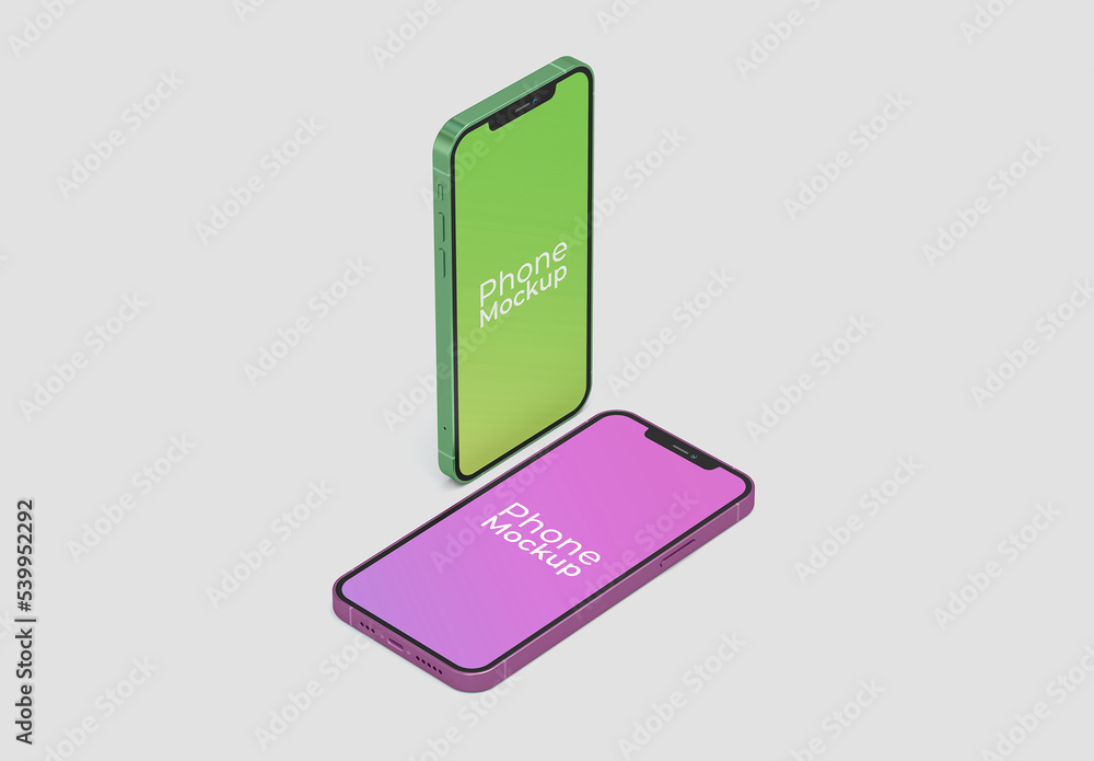 Stand and Lying Phones Mockup Isometric View Stock Template | Adobe Stock