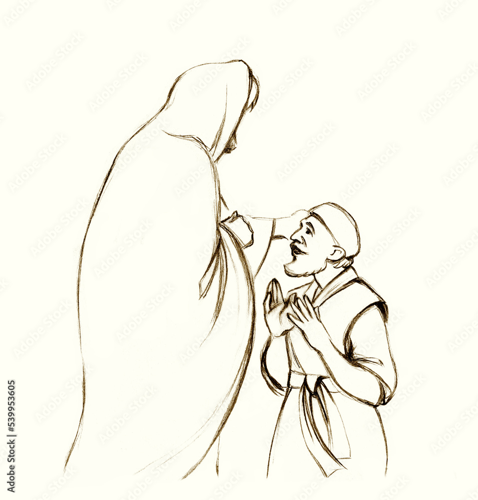 Jesus heals the sick. Pencil drawing Stock Illustration | Adobe Stock
