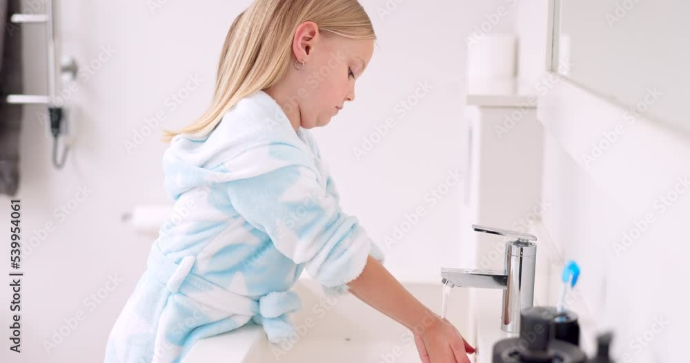Cleaning, child and girl washing hands in the bathroom with soap for ...
