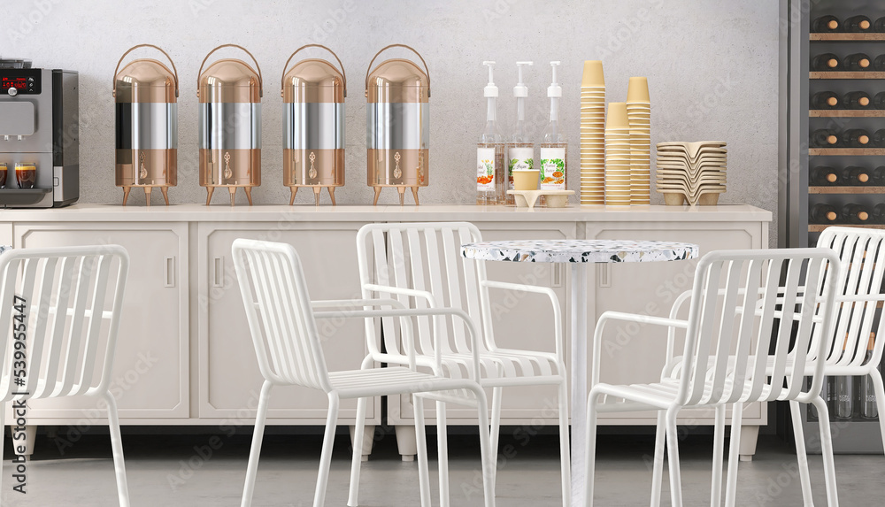 3D render white modern cafeteria table and chairs with coffee counter ...