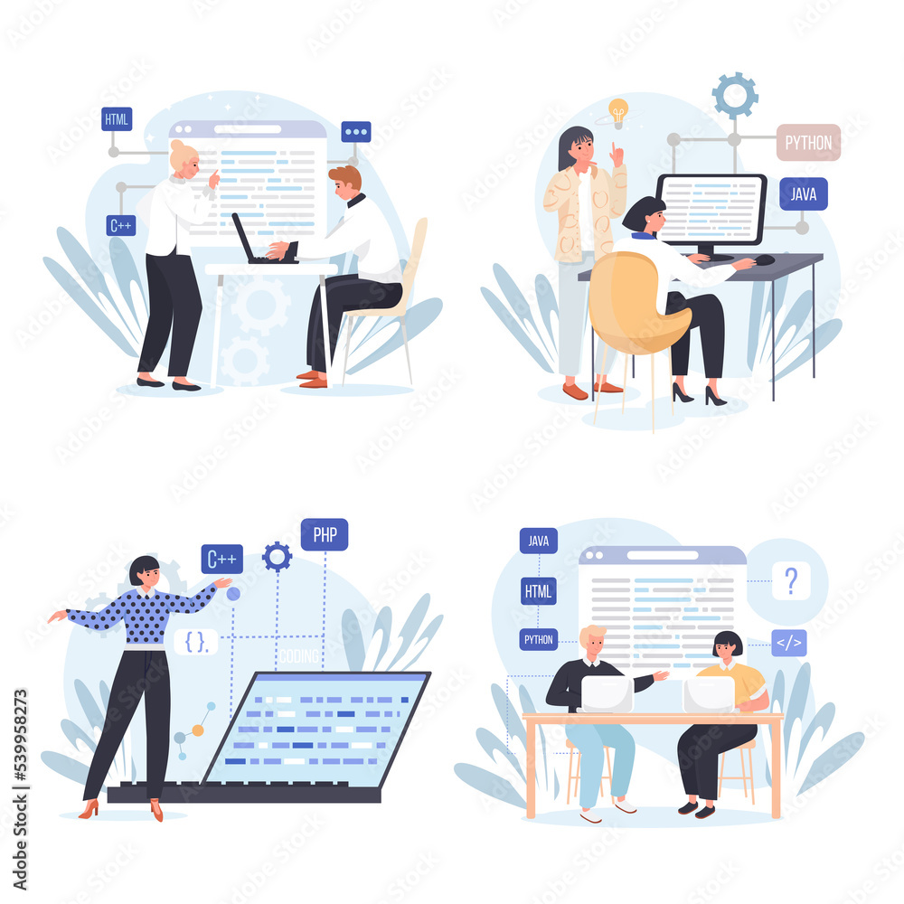 Programming Company Concept Scenes Set Programming Teams Work With Code Build Apps Test And
