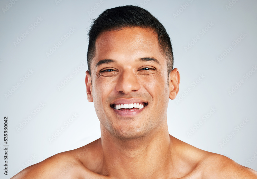 Man face, skin and teeth, natural beauty and skincare, happy model in ...