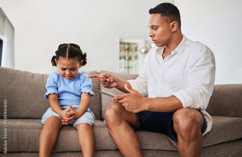 Angry, father with tablet and kid conflict, upset and serious scolding ...
