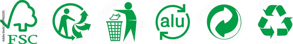 Green recycling icons set. Packaging ecology symbols, product label ...