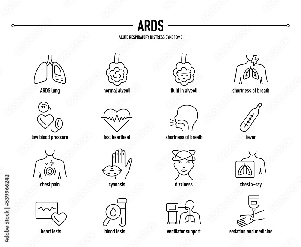 ARDS, Acute Respiratory Distress Syndrome vector icon set. Line ...