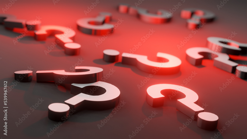 3D illustration of red glowing question marks, problem or solution conceptual background Stock ...
