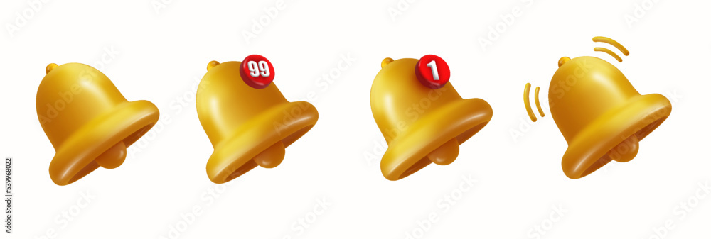 Bell of 3d icons of bell ringing with notification label with figure ...