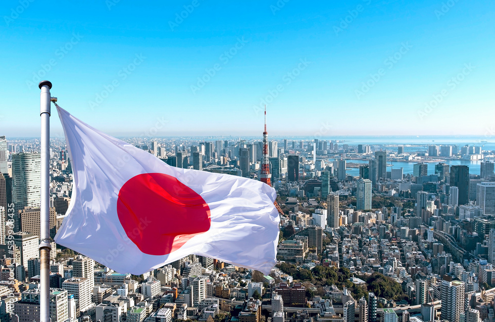Panoramic view of Tokyo and Japanese flag, Japan. Stock Photo | Adobe Stock