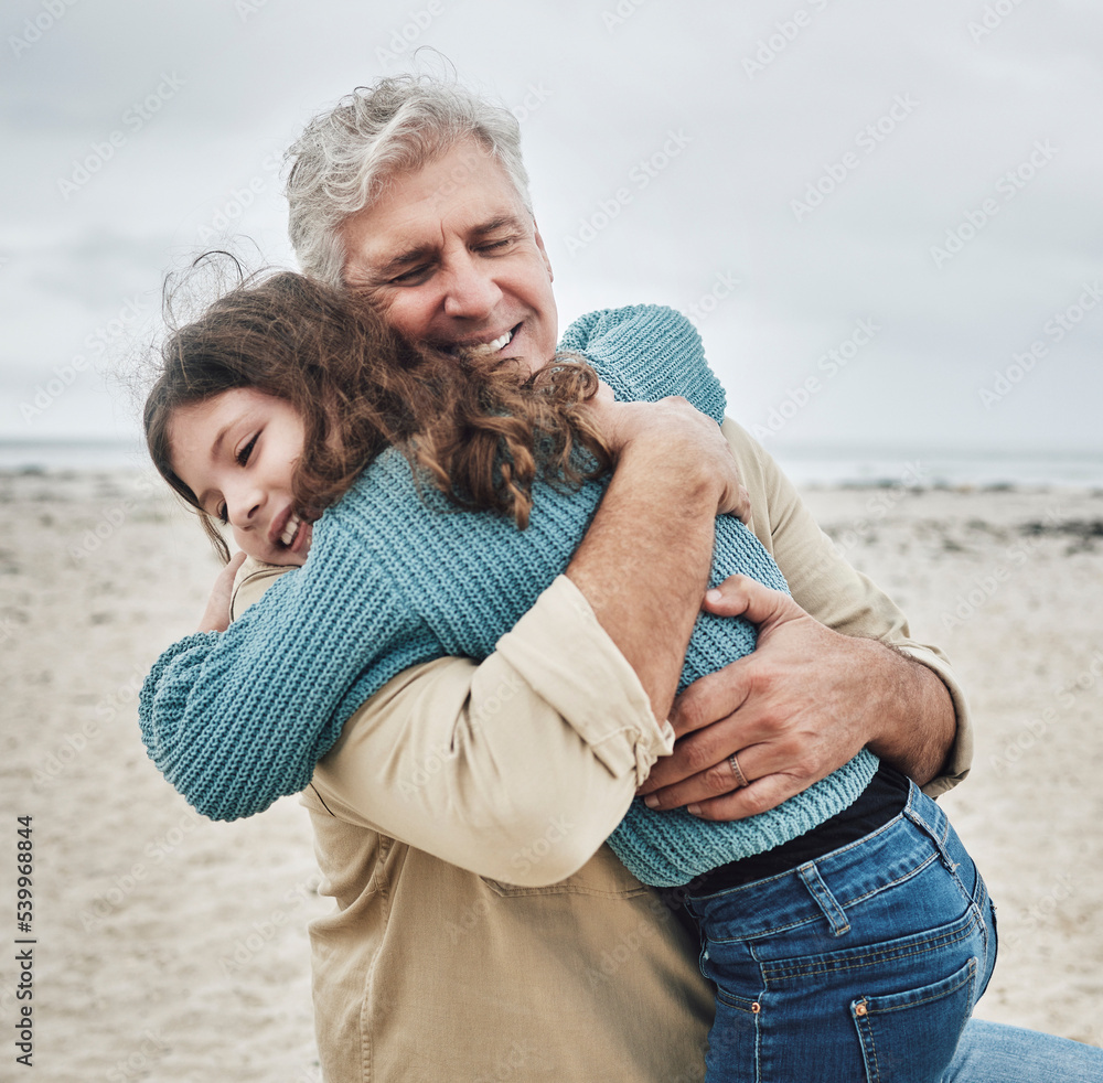 Happy, grandfather and child hug on beach for love, care and family ...