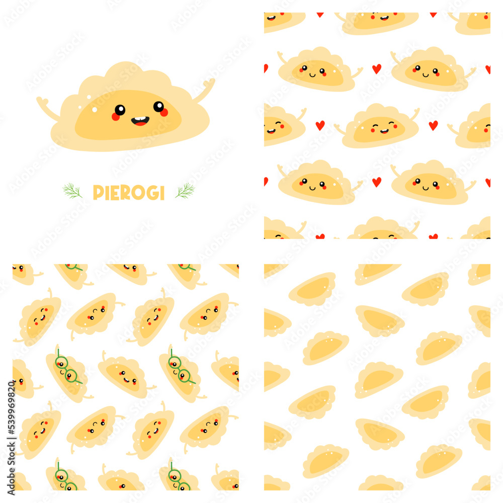 Cute smiling cartoon style pierogi, filled dumplings characters and set ...