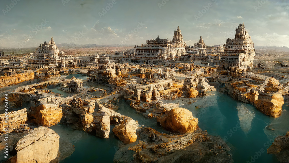 Aerial view of an ancient Middle Ages town with a lake and a feudal ...