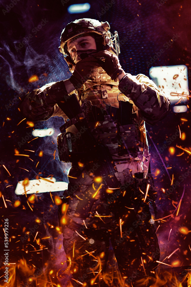 Army soldier in Combat Uniforms with an assault rifle and combat helmet ...