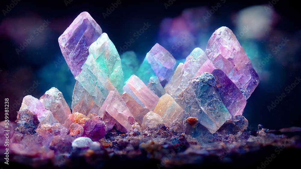 Sparkling multi-colored crystals with rays of light on black background ...