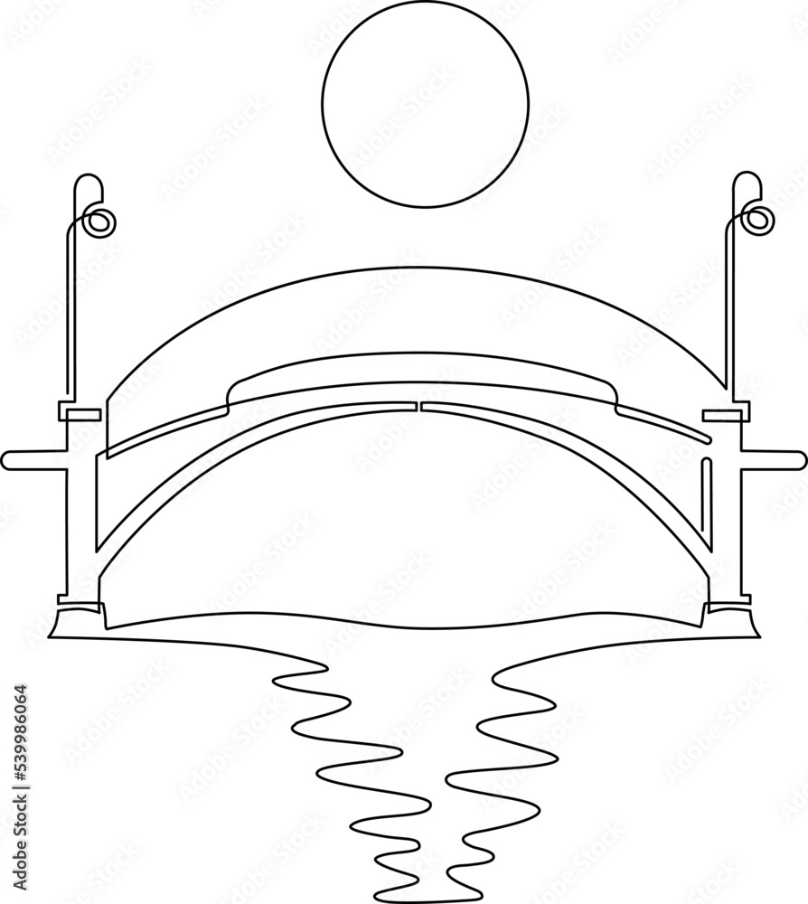 Strong stone bridge in medieval style over the river. Lanterns on the ...