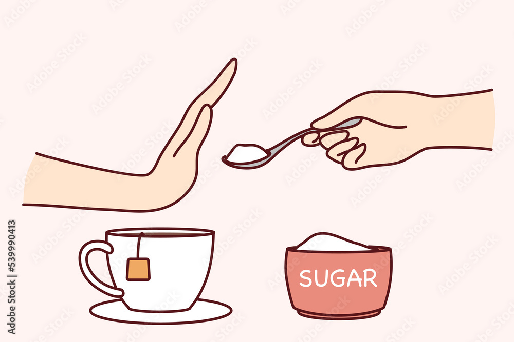 Person say no to sugar in tea or coffee. Man or woman make hand gesture ...