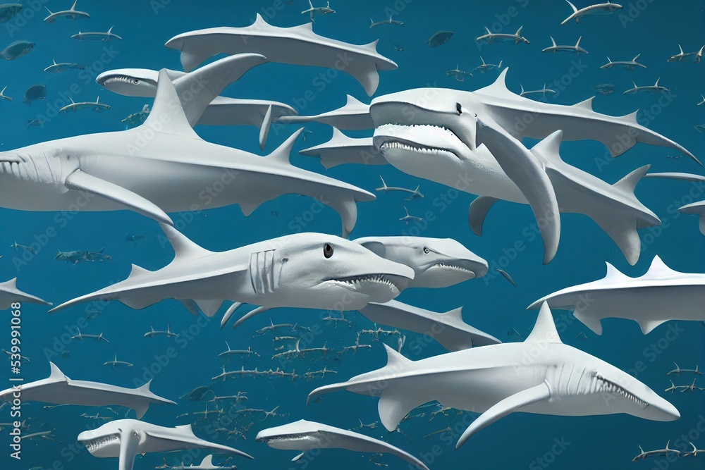 School of hammerhead sharks circling from above the ocean depths. Stock ...