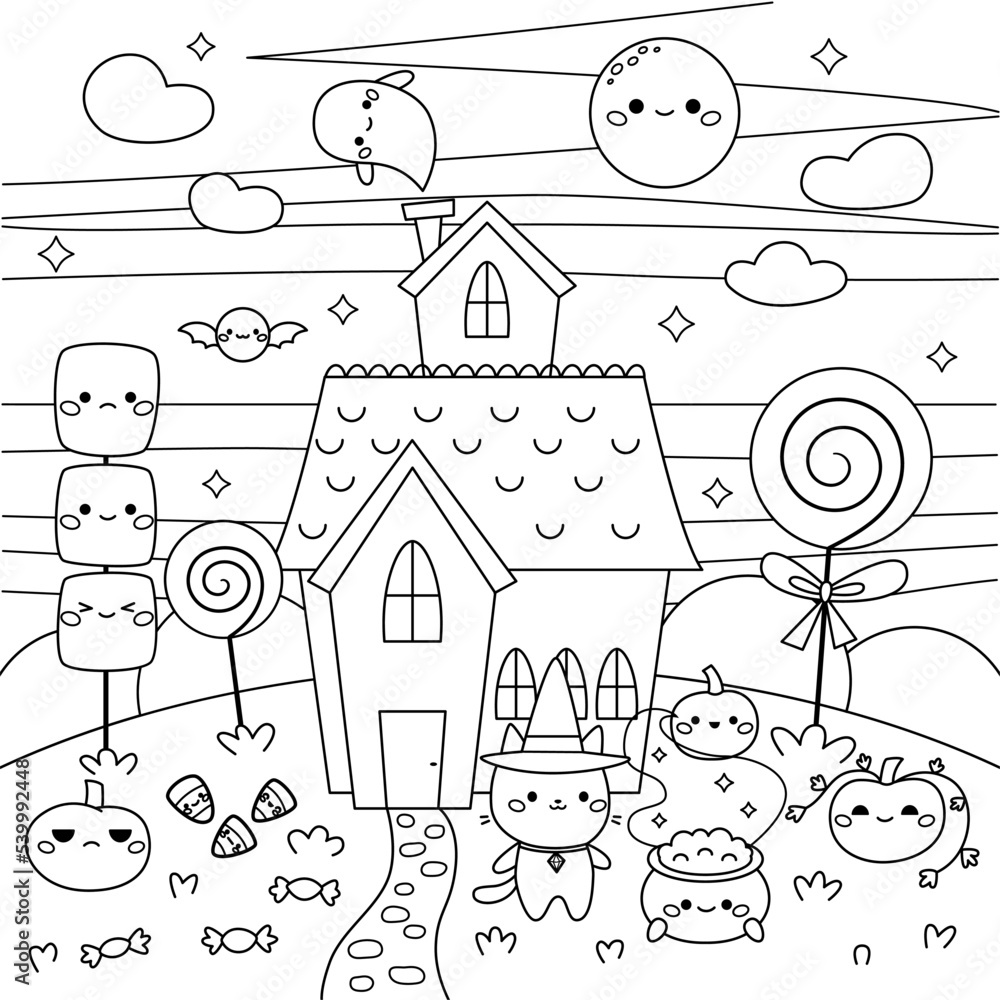 Halloween coloring page with haunted house. Kawaii cat, cauldron, bat ...