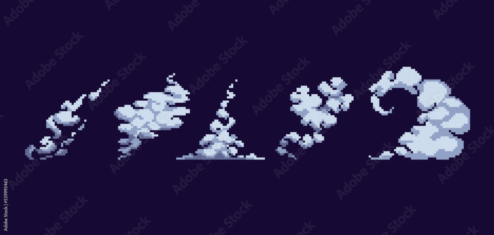 Smoke and fog pixel art set. Cloud swirls, waves and curves collection ...