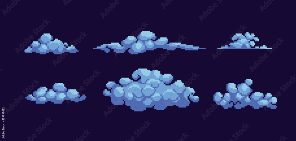 Fluffy clouds pixel art icon set. Smoke or fog, sky elements logo ...