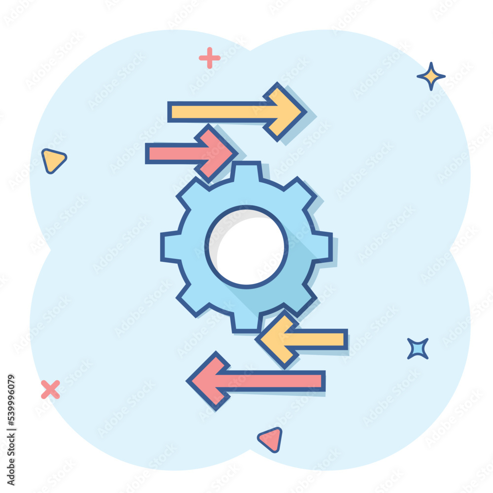 Process icon in comic style. Arrow and gear cartoon vector illustration ...