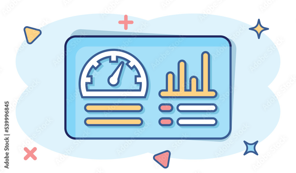 Dashboard icon in comic style. Finance analyzer cartoon vector ...