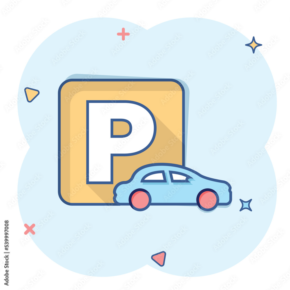 Car parking icon in comic style. Auto stand cartoon vector illustration ...