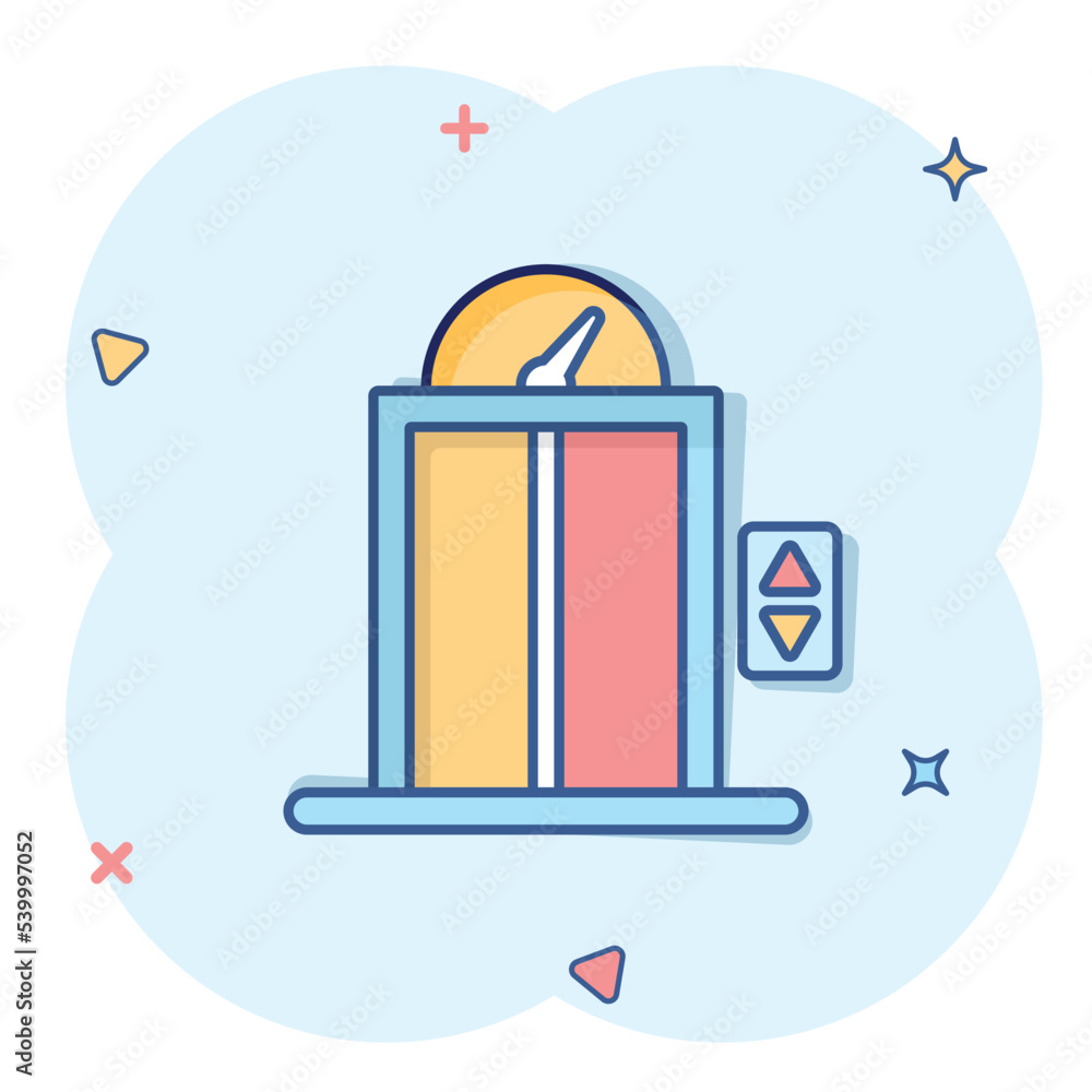 Elevator icon in comic style. Lift cartoon vector illustration on white ...