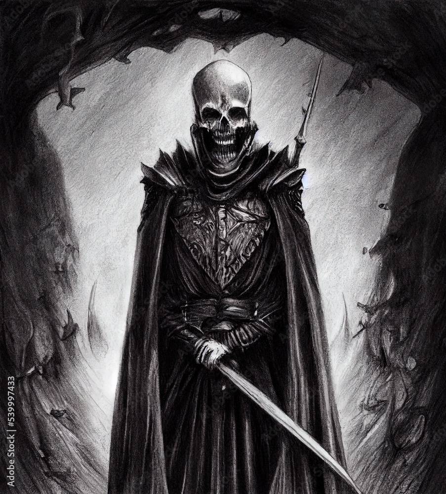 Skeleton dead warrior. Death concept art. Dark lord character. Digital ...