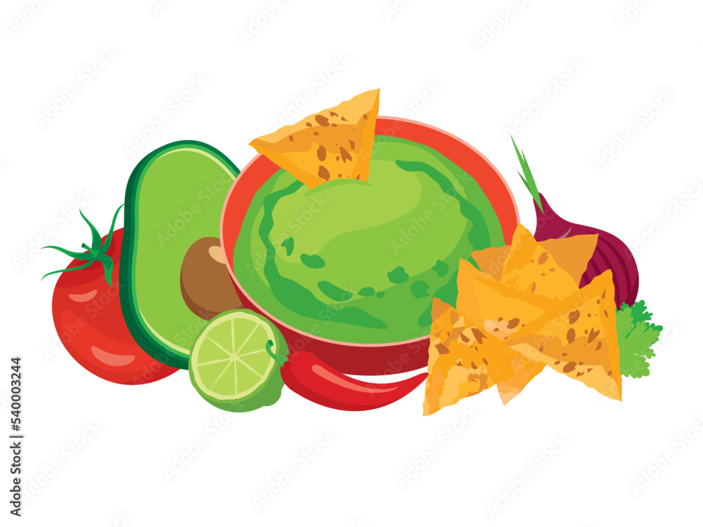 Avocado guacamole salsa with tortilla chips icon vector. Traditional ...