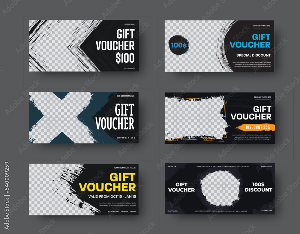 Vector black gift voucher templates with grunge elements and place for ...