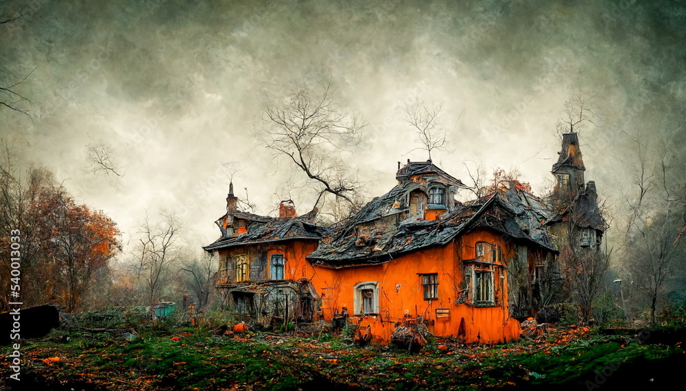 Evil house and creepy pumpkins, halloween background, digital ...
